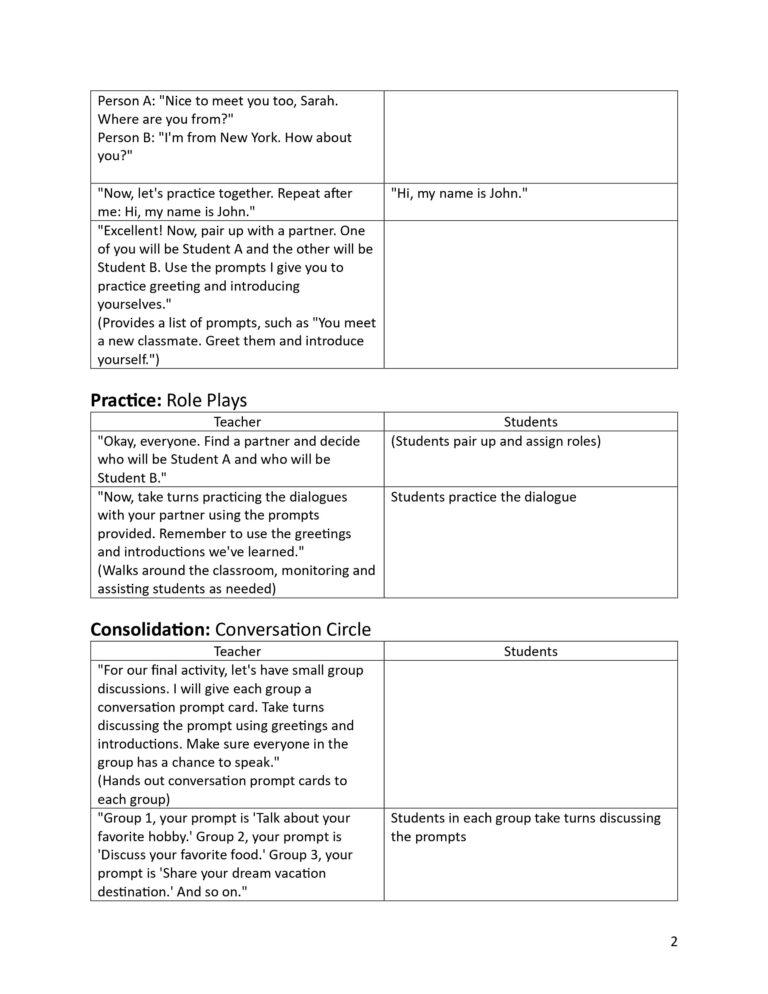 Printable Lesson plan - Greetings and conversations